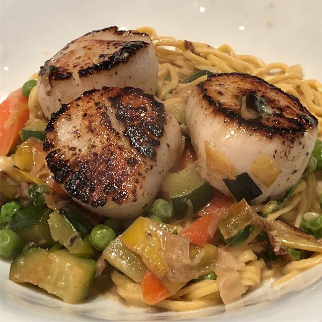 Fresh pasta-primavera, over seared sea scallops – Lauren Groveman